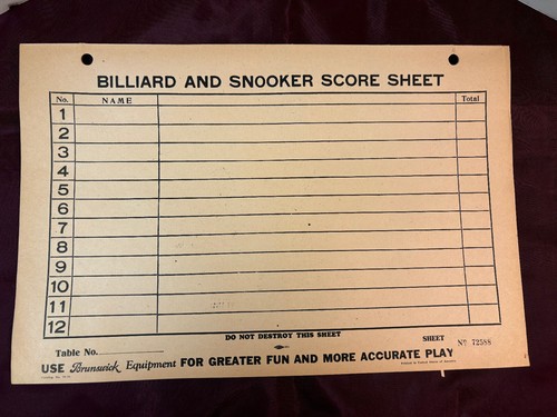 Circa 1930's Vintage Brunswick Billiards and Snooker Score Sheet | eBay