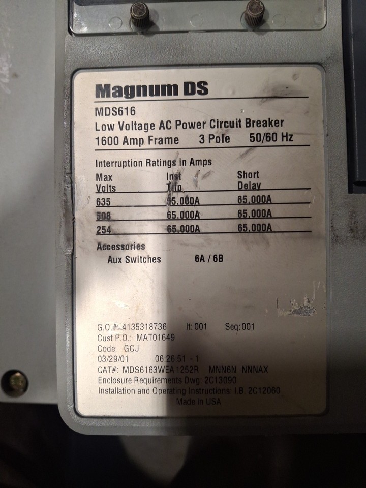 Eaton Magnum DS MDS616 Breaker (E/O,B/I) - 1200 Amp - Tested/1Yr ...