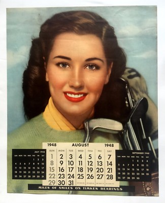 August 1948 Calendar w/ Smiling Brunette w/ Golf Clubs for Timken ...
