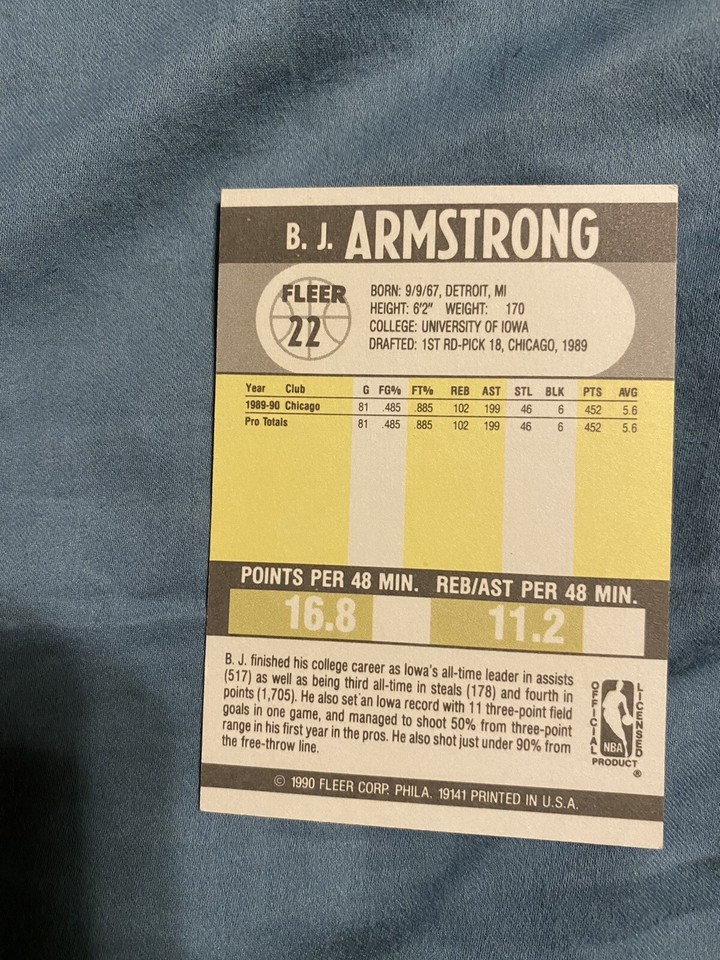 1990 Fleer B.J. Armstrong Rookie Card RC #22 Chicago Bulls Basketball ...