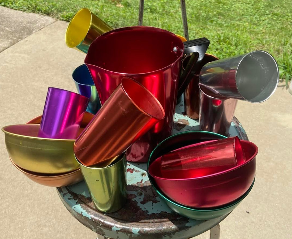 17 PC Vintage Bascal Italy Pitcher Tumblers Bowls MCM Aluminum 12 Cups ...