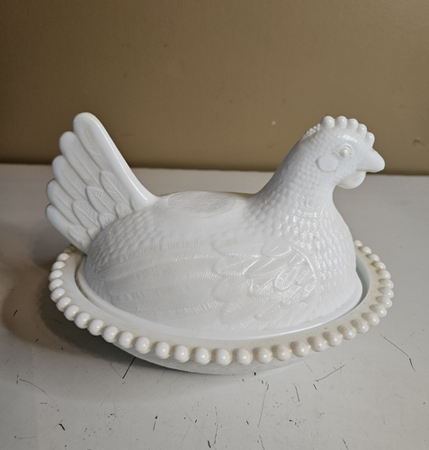Vintage Indiana Glass Hen Chicken on Nest Candy Dish White Milk Glass ...