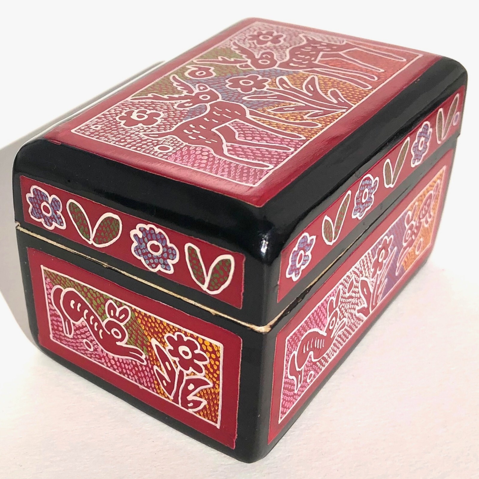 Olinala Mexico folk art trinket jewelry box wood black lacquer red deer ...