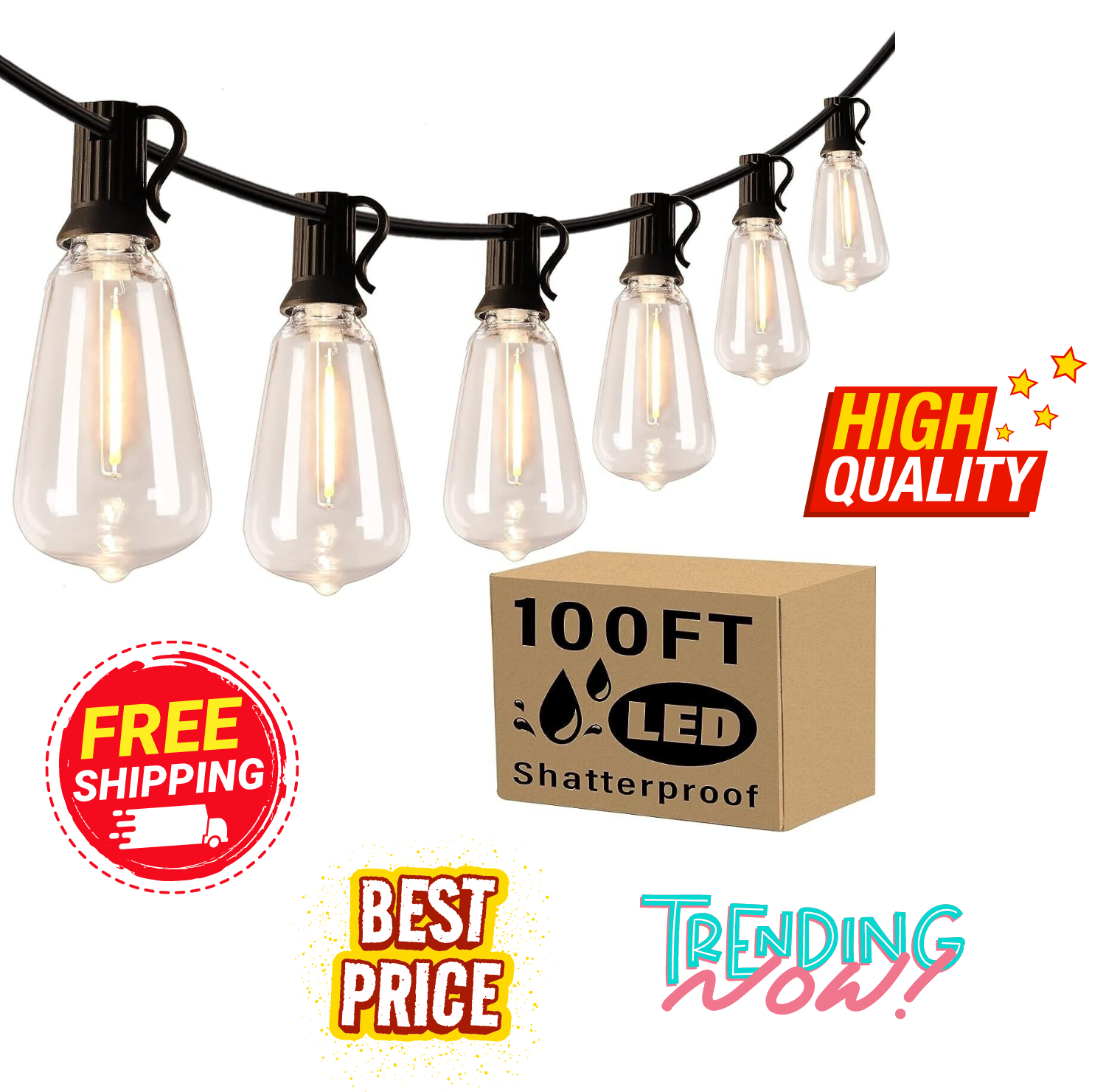 100FT Outdoor String Lights for Patio Waterproof Connectable ST38 LED ...