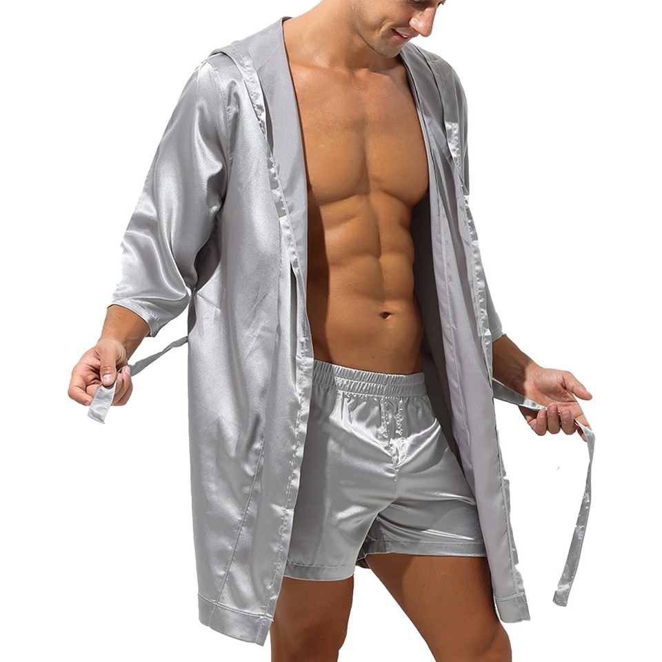 Men Satin Kimono Robes Classic Silky Bathrobe Open Front Hooded Robes ...