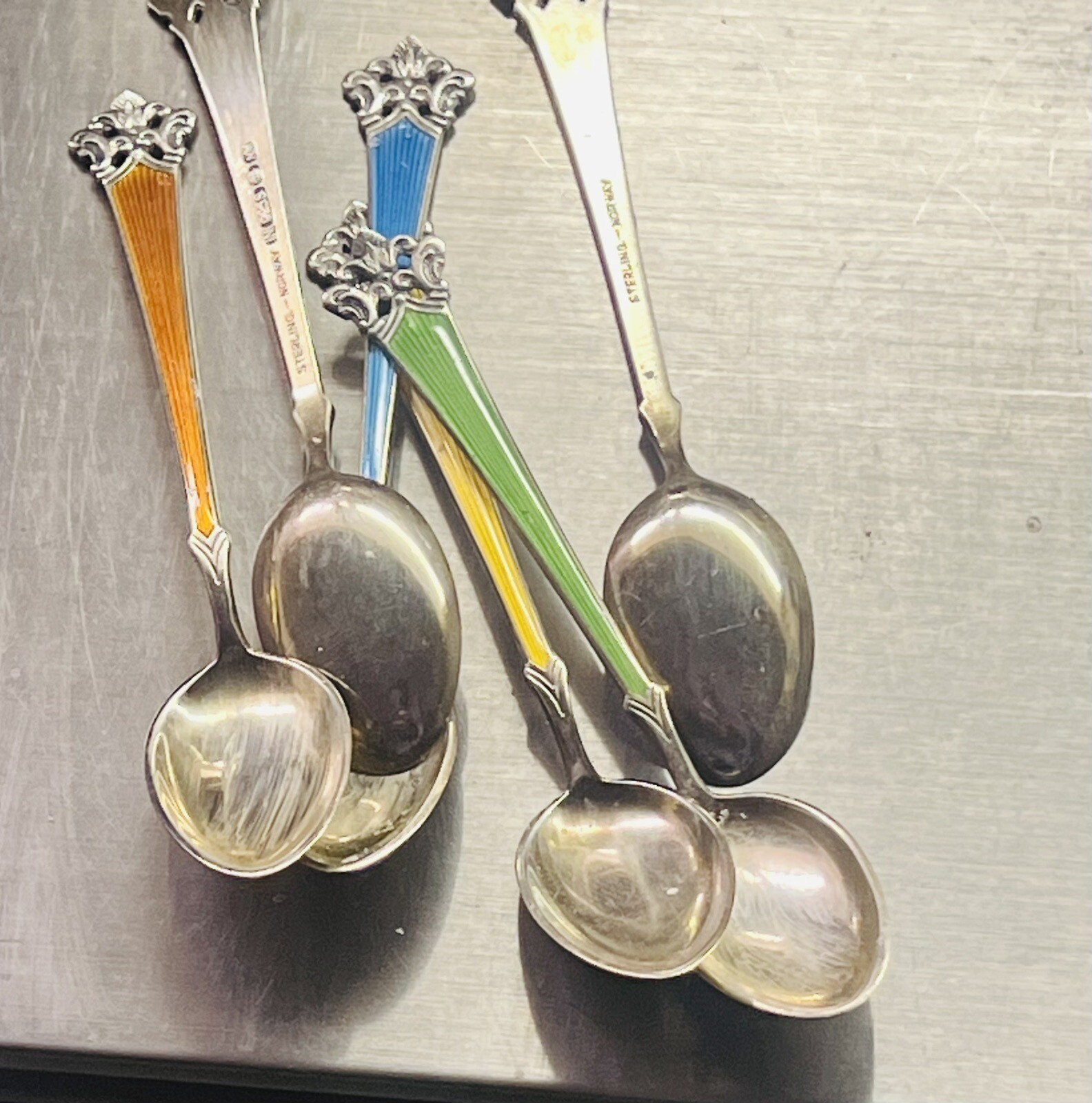 RARE SET NORWAY 925 STERLING SET OF 6 ENAMEL DEMITASSE SPOONS 53.50G ...