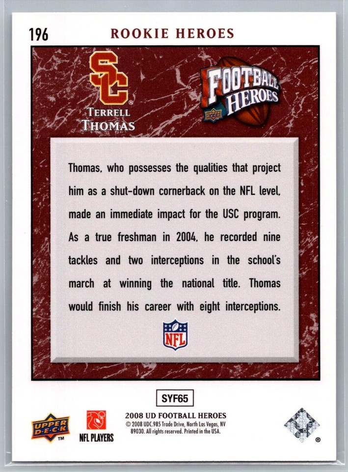2008 UPPER DECK FOOTBALL HEROES CARD # 196 Terrell Thomas - USC Trojans ...