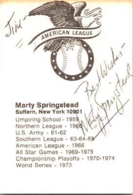Marty Springstead signed baseball card American League Umpire 1976 TCMA ...