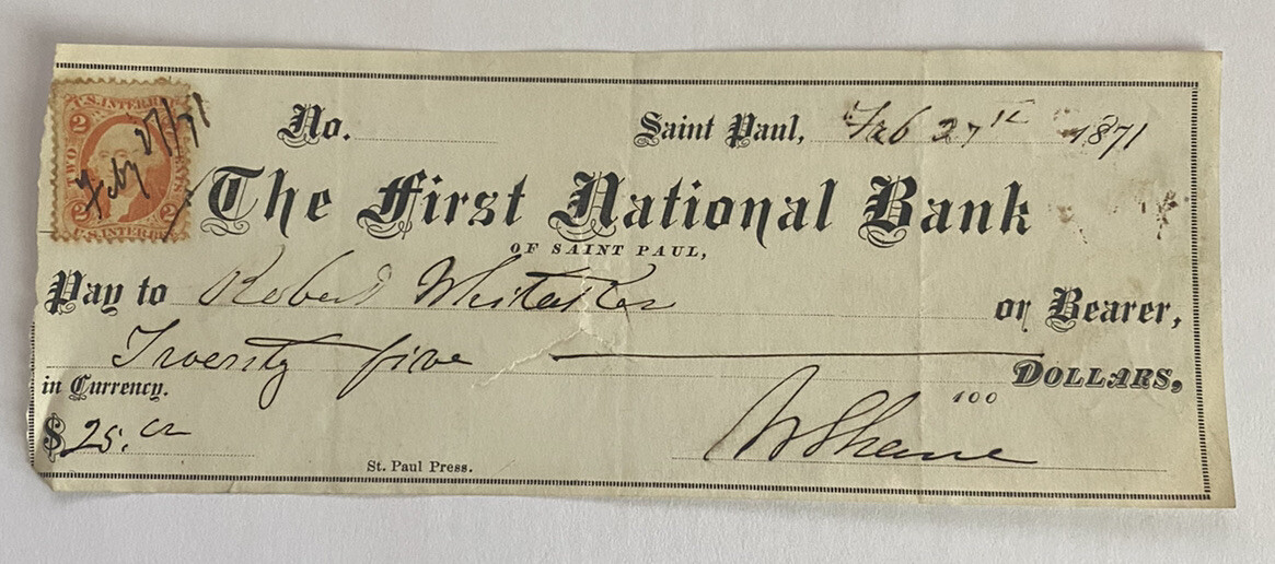 Vintage 1871 Check ~ First National Bank of St. Paul Minnesota MN $25 ...