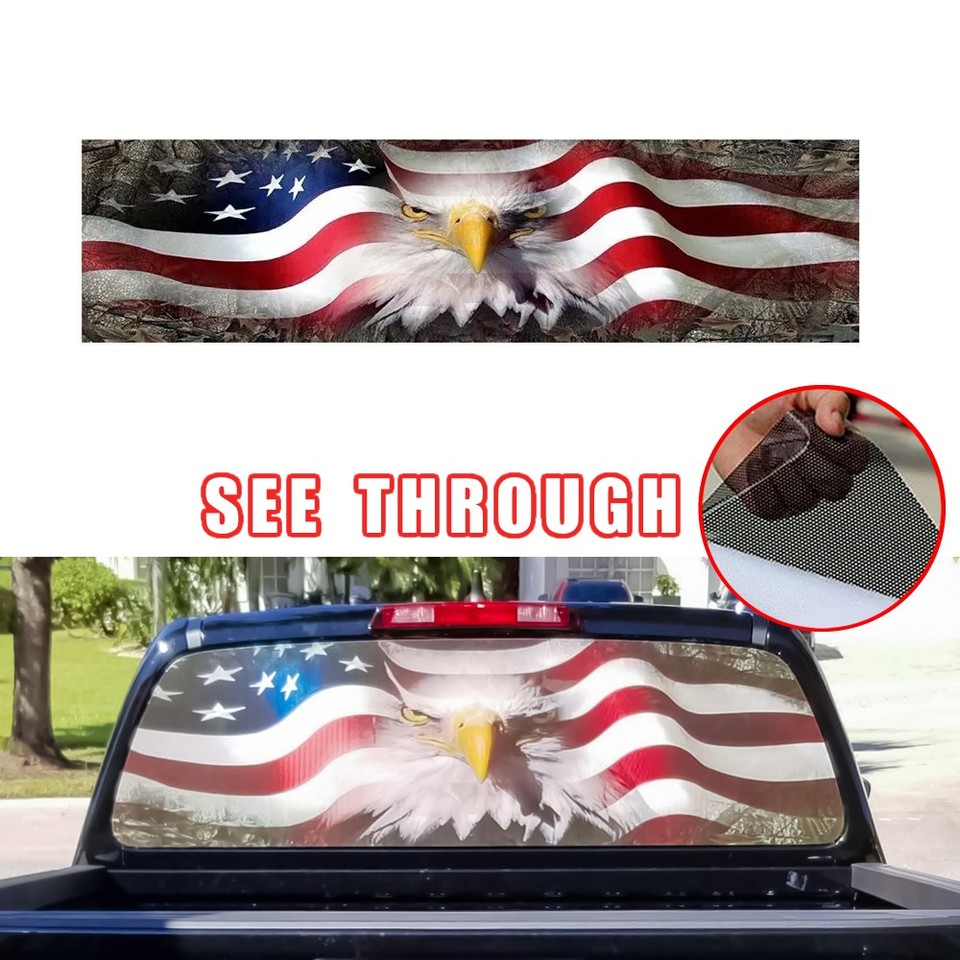 65"x22" PERFORATED Rear Window AMERICAN FLAG EAGLE Graphic Decal Vinyl ...