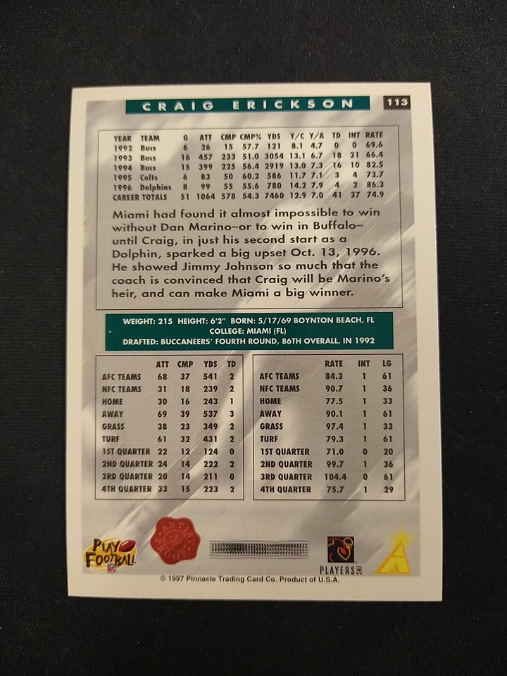 1997 Score Showcase Craig Erickson Artist's Proofs MIAMI DOLPHINS #113 ...