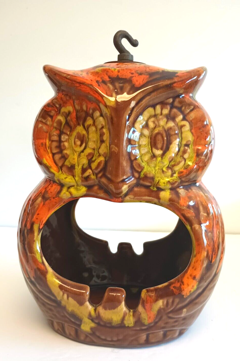 Vintage Hanging Owl Ashtray Plant Hanger Orange Brown Drip Glaze 10.5 ...