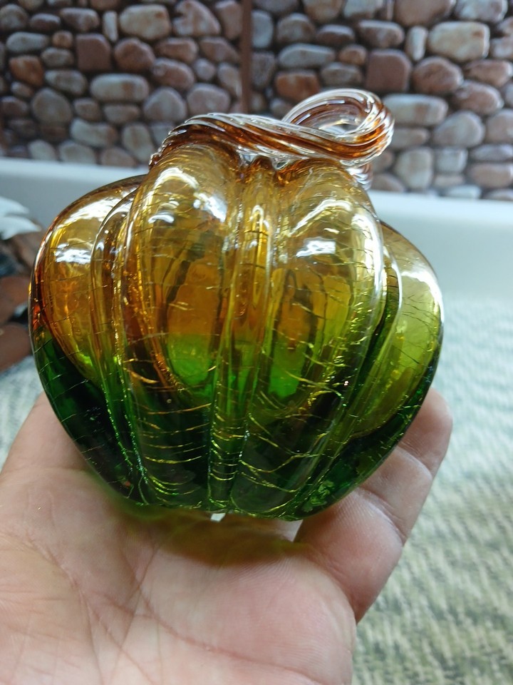 2-Hand Blown Cracked Glass Pumpkin Light/dark Amber Coiled Applied Stem ...