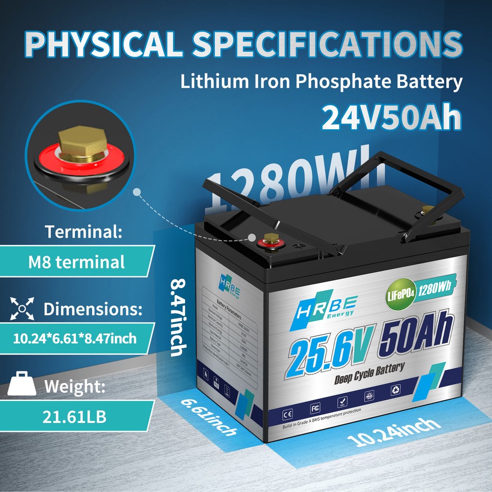 24V 50Ah LiFePO4 Lithium Battery 50A BMS 6000+Deep Cycles for Home RV ...