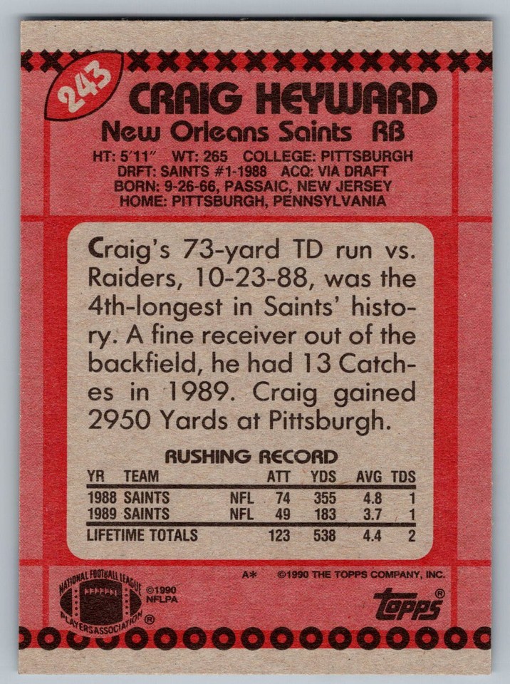 1990 Topps #243 Craig Heyward New Orleans Saints | eBay