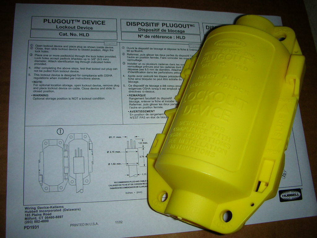 HUBBELL HLD Plug Lockout Plugout Yellow 3/8" Shackle Dia. WIRING DEVICE ...