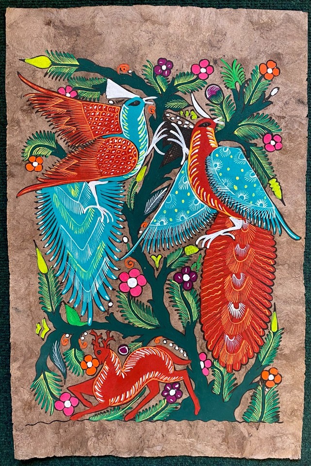15 1/2 X 23" Mexican Folk Art Amate Bark Painting Aztec Love Bird ...