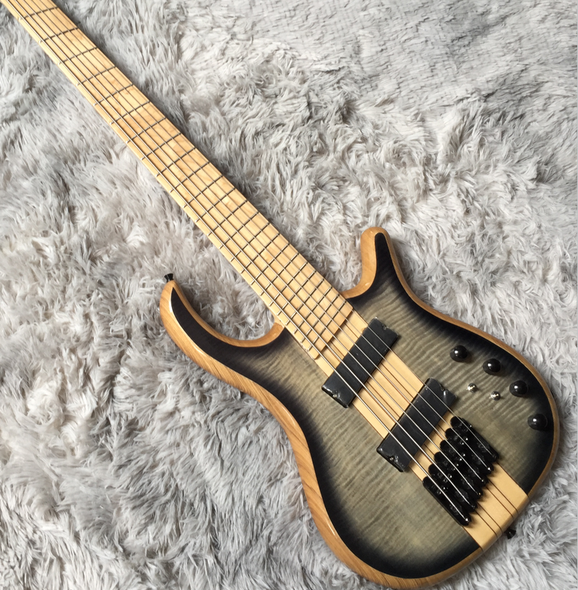 Custom 6-string Electric Bass Guitar Black Gray Neck Thru Body Fanned ...