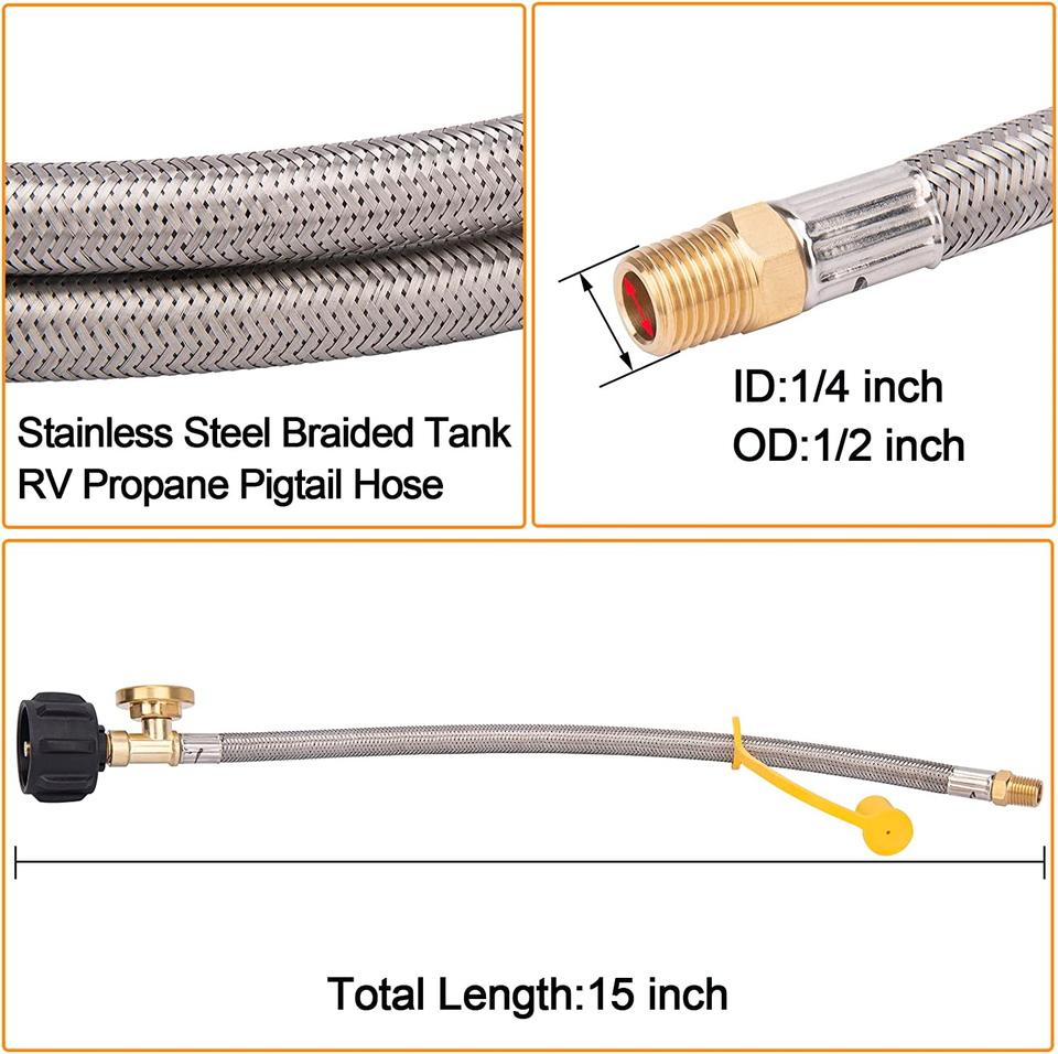 2PCS 15 In Male 1/4" NPT QCC1 RV LP Propane Pigtail Hoses with Gauge ...