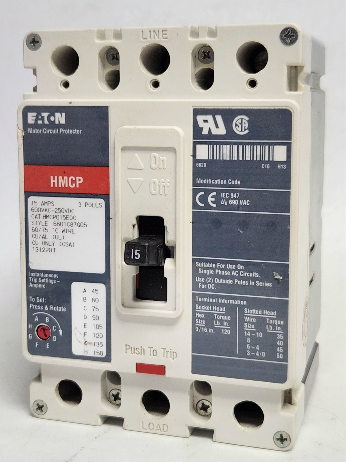 EATON CUTLER HAMMER HMCP015E0C 15 AMP 45-150 TRIP Type HMCP Motor ...