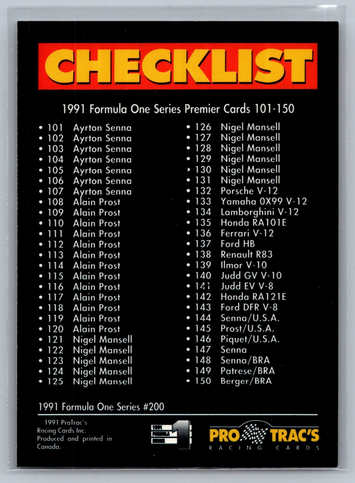 1991 Pro Trac's Formula One Series Checklist #200 Trading Card | eBay