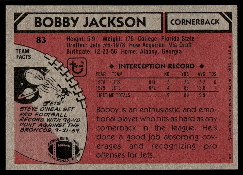 1980 Topps Bobby Jackson New York Jets #83 | eBay