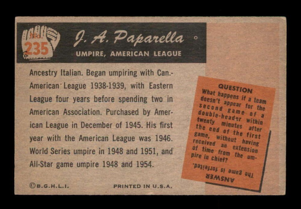 1955 Bowman #235 Joe Paparella UMP VGEX X3300925 | eBay