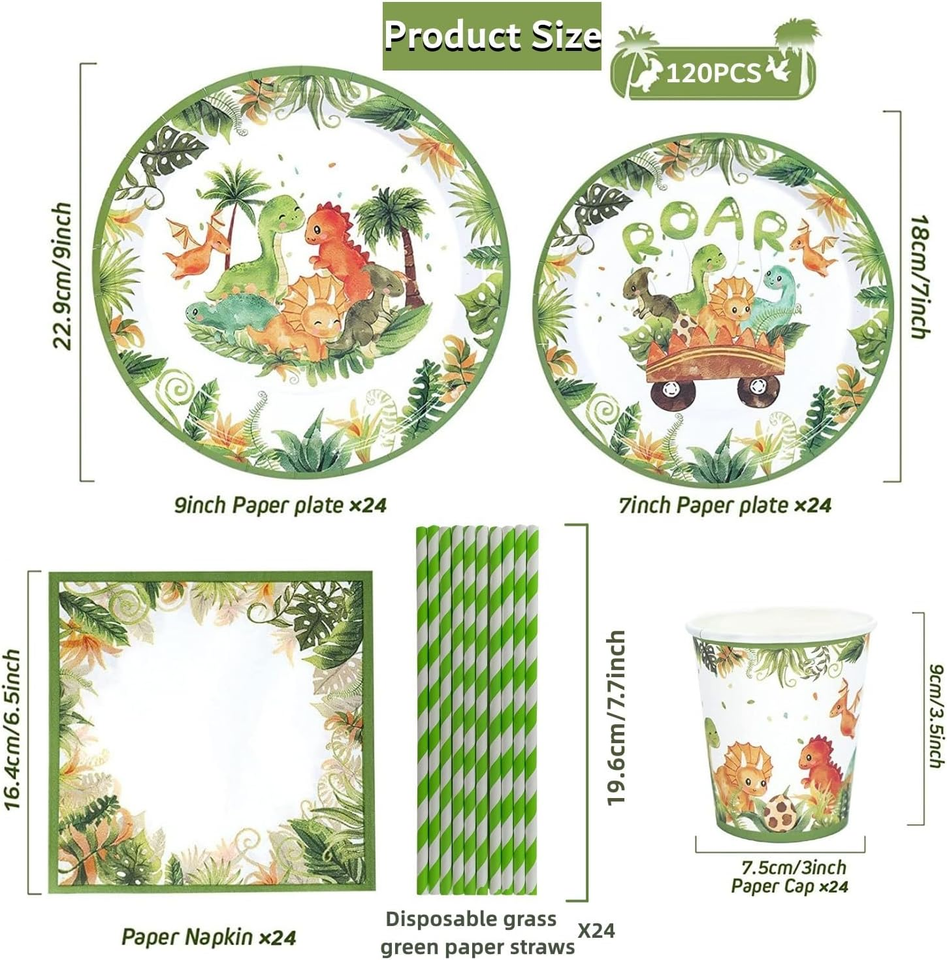 120-Piece Dinosaur Party Supplies - 24-Serve Disposable Tableware Set ...