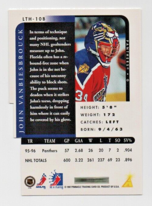 1996-97 Be a Player Link 2 History Die-Cut John Vanbiesbrouck Panthers ...