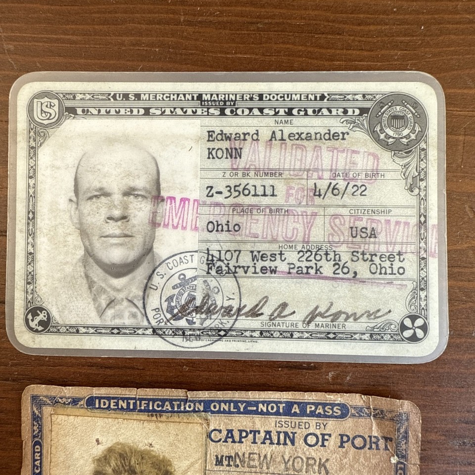 1943 WWII Coast Guard ID Identification Card U.S.C.G. Captain Port New ...