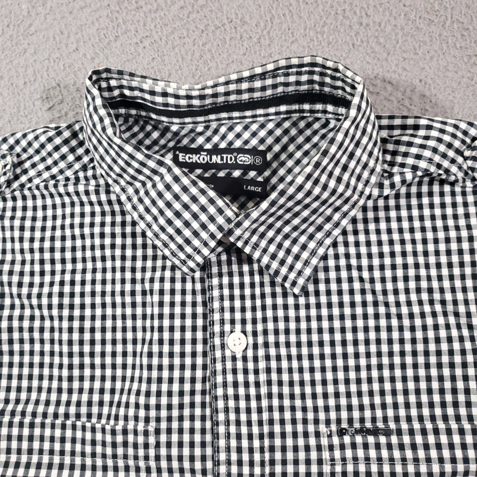 Ecko Unltd Shirt Mens Large Black White Gingham Pattern Pockets Logo ...