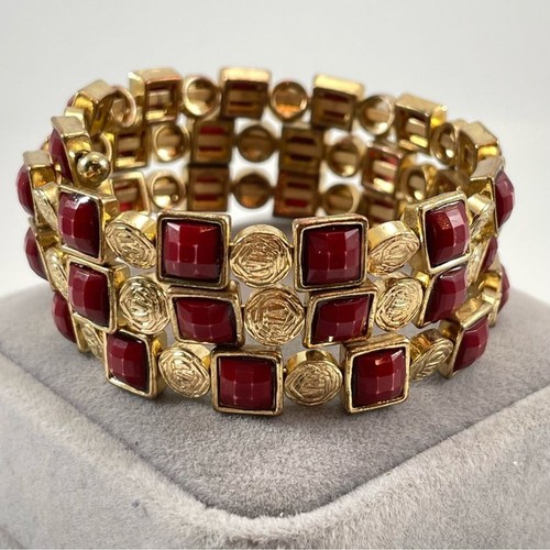 Vintage Unsigned Gold Tine Red Faceted Rhinestone Memory Wire Cuff ...
