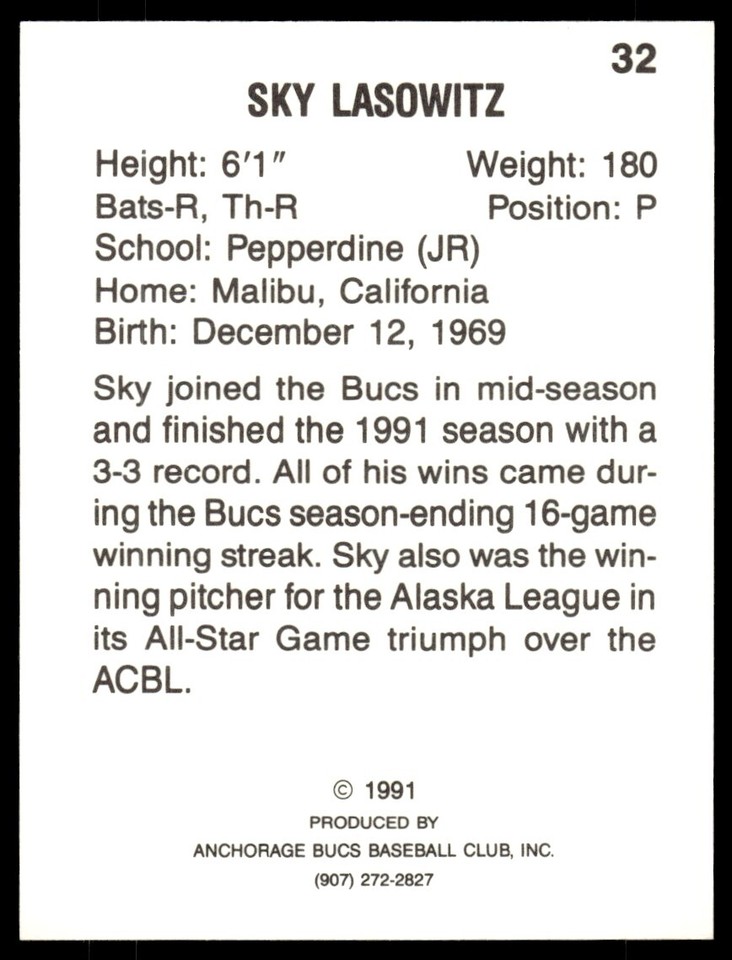 1991 Anchorage Bucs Sky Lasowitz Anchorage Bucs #32 | eBay