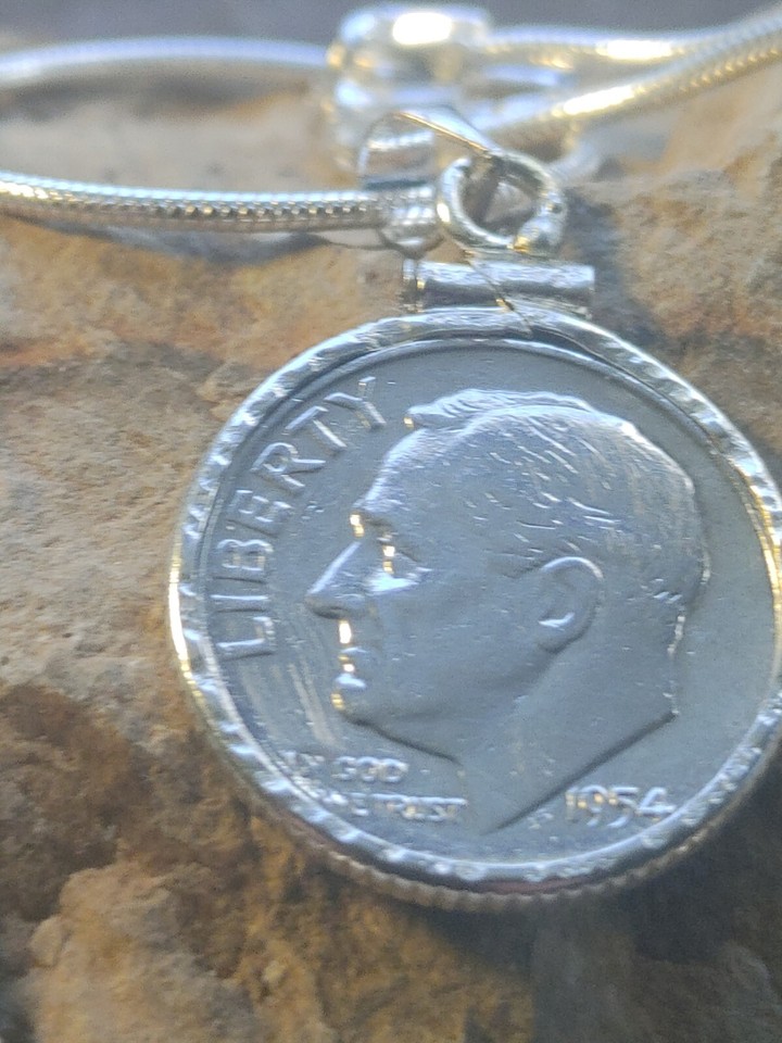 1954 S Bright Roosevelt Silver Dime Birthyear Pendant 24" .925 Sterling ...