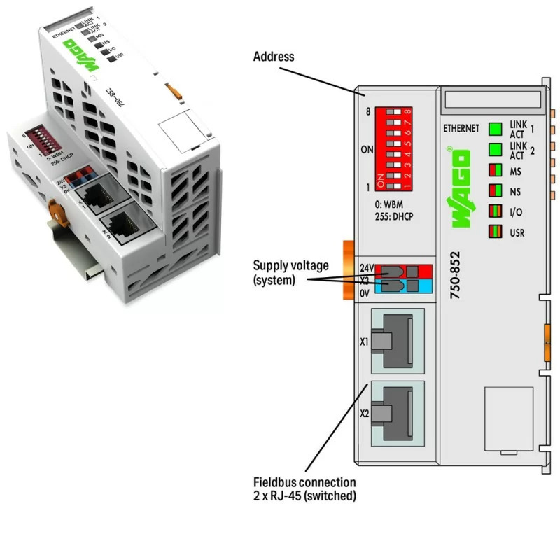 Wago 750-852 Controller ECO Ethernet TCPIP 10/100MB + Switch 2 Ports ...