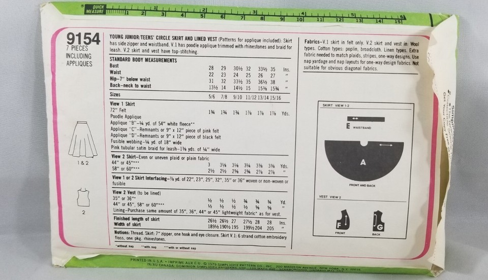 Simplicity Poodle Skirt Vest Sewing Pattern 9154 Jr Sizes 5/6 7/8 ...