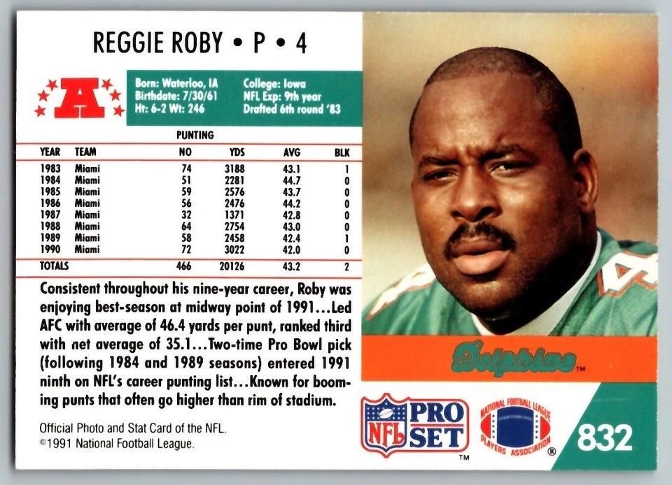 1991 PRO SET REGGIE ROBY MIAMI DOLPHINS #832 | eBay