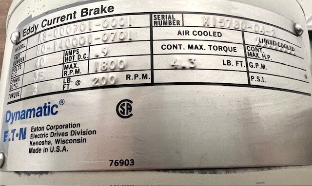 USED Dynamatic Eddy Current Brake, AS-000701-0001, MO-140001-0701, 40V ...