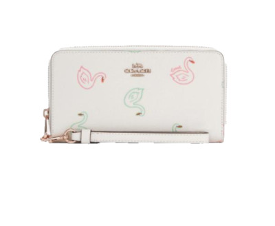 Coach Women's Long Zip Around Wallet (Coated Canvas, Swan Print - Chalk ...