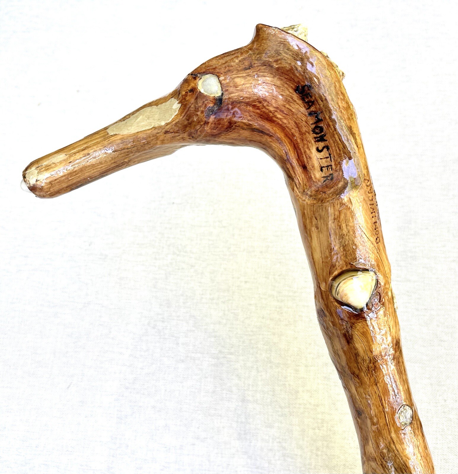 Vintage Sea Monster Carved Wood Shells Stones Swagger… - Gem