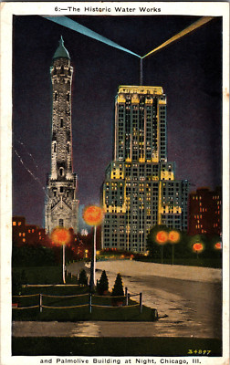 Vtg Postcard Illinois Chicago Water Works and Palmolive Building at ...