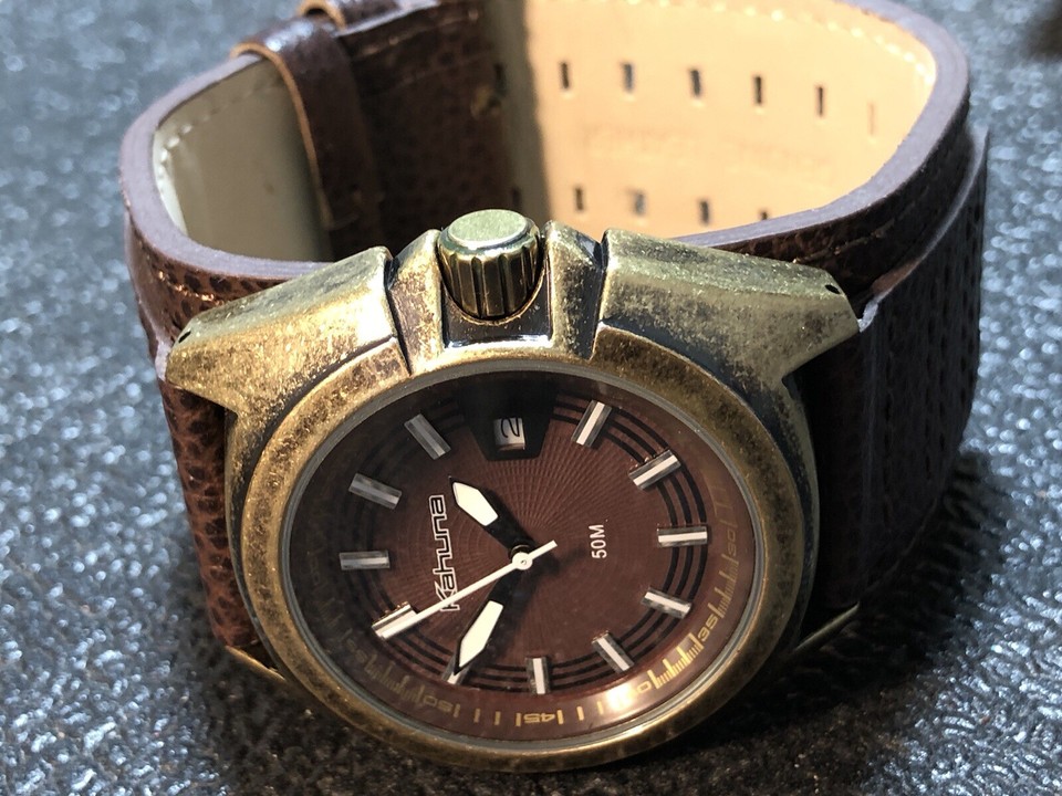 Kahuna Men’s WR50M Watch Retro Style Leather Cuff Band Bronze Patina ...