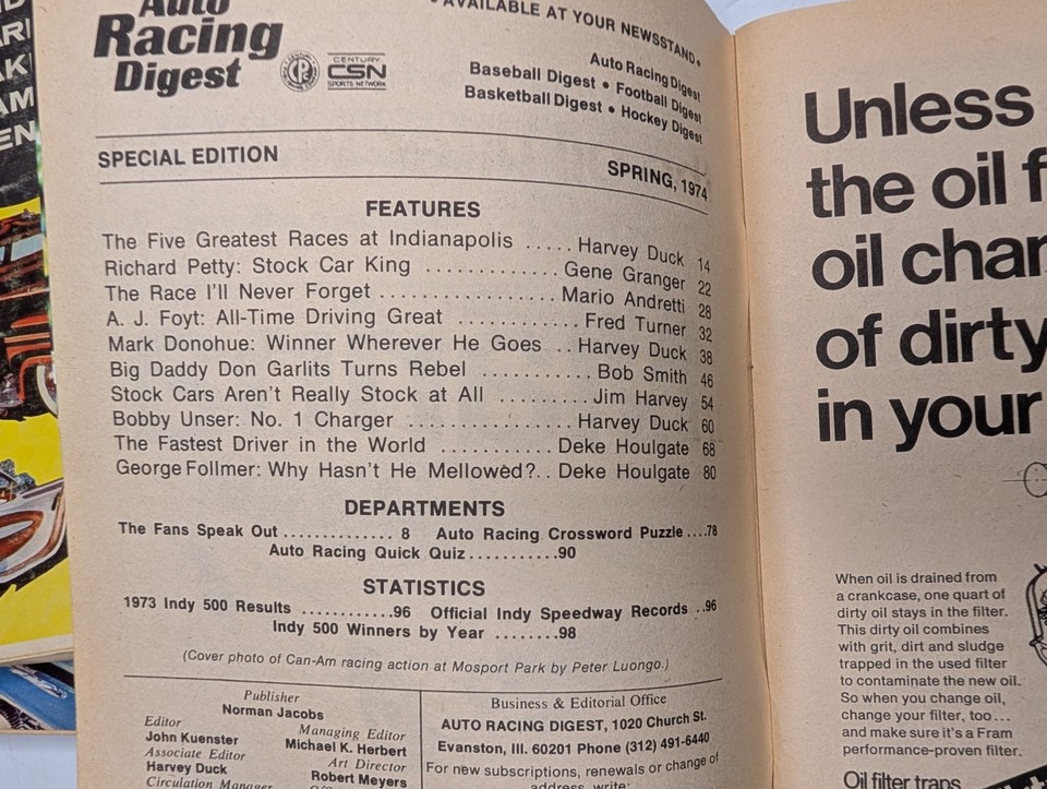 SPRING 1974 Auto Racing Digest Magazine Indianapolis 500 Stock Car Race ...