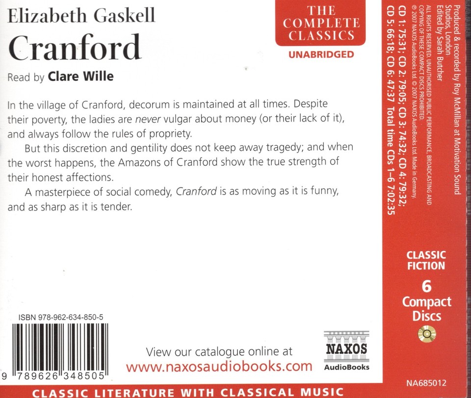 Cranford Audiobook with Music on 6 CDs by Elizabeth Gaskell read by ...