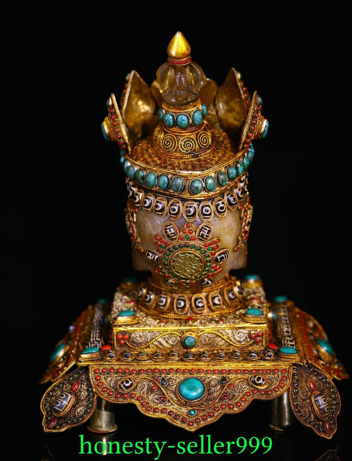 15.3'' Old Tibet Natural Crystal Gold Wire Inlay Skull Skeleton Head ...