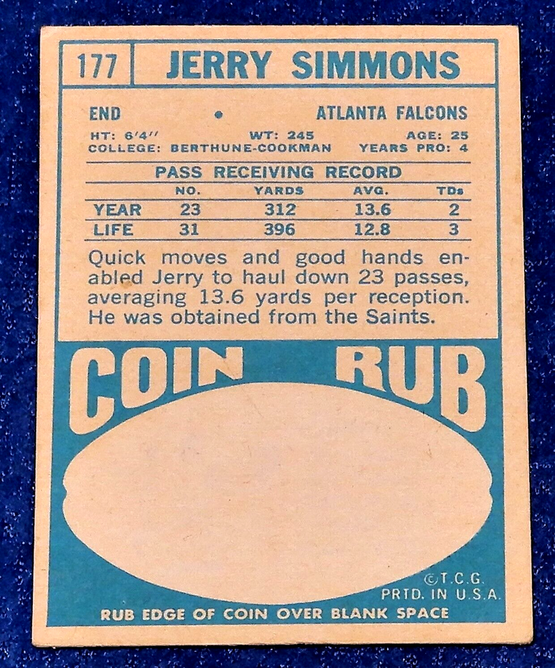 Jerry Simmons * Rookie * 1968 Topps Vintage Football #177 * Atlanta ...