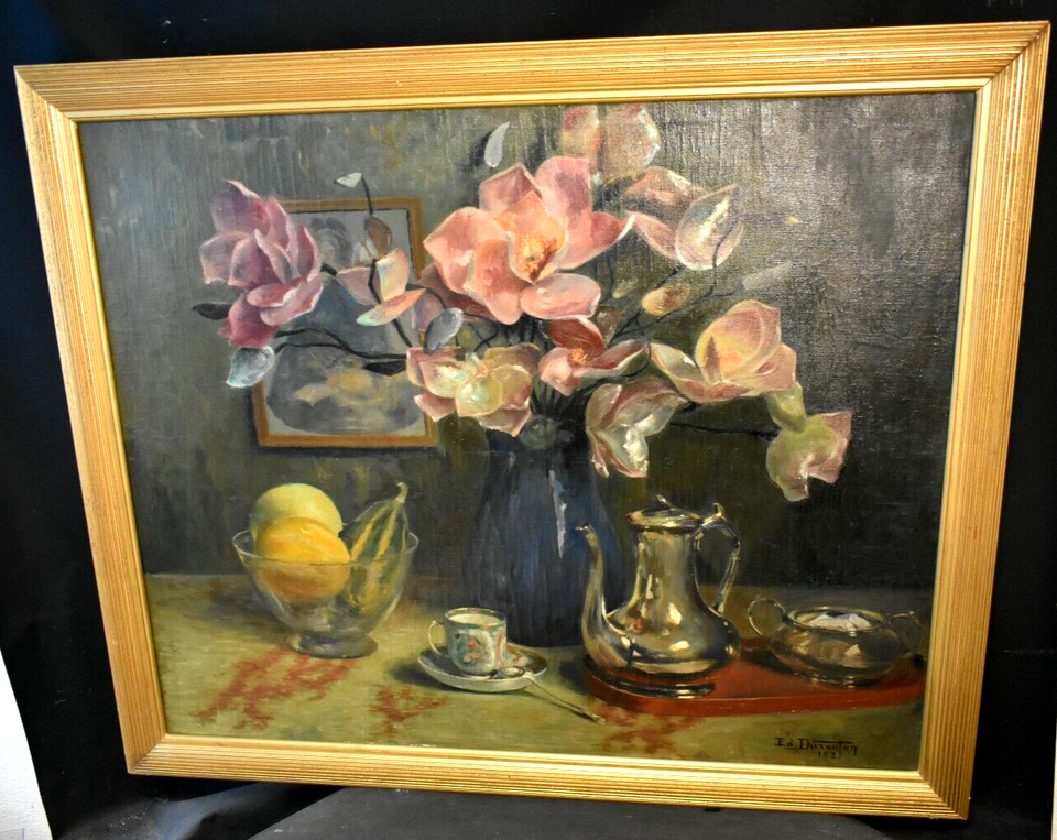 Painting Antique Still Life Flowers Signed Edward Duranton Art Deco ...
