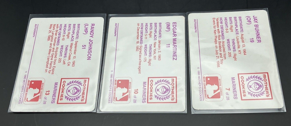 1990 Mothers Cookies SEATTLE MARINERS JAY BUHNER RANDY JOHNSON EDGAR ...