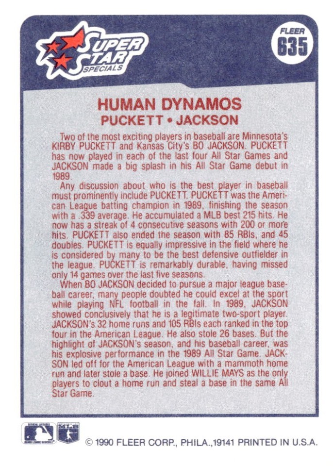 1990 Fleer #635 Human Dynamos (Kirby Puckett / Bo Jackson) | eBay