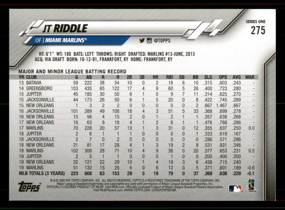 2020 Topps JT Riddle #275 Gold Star Miami Marlins | eBay
